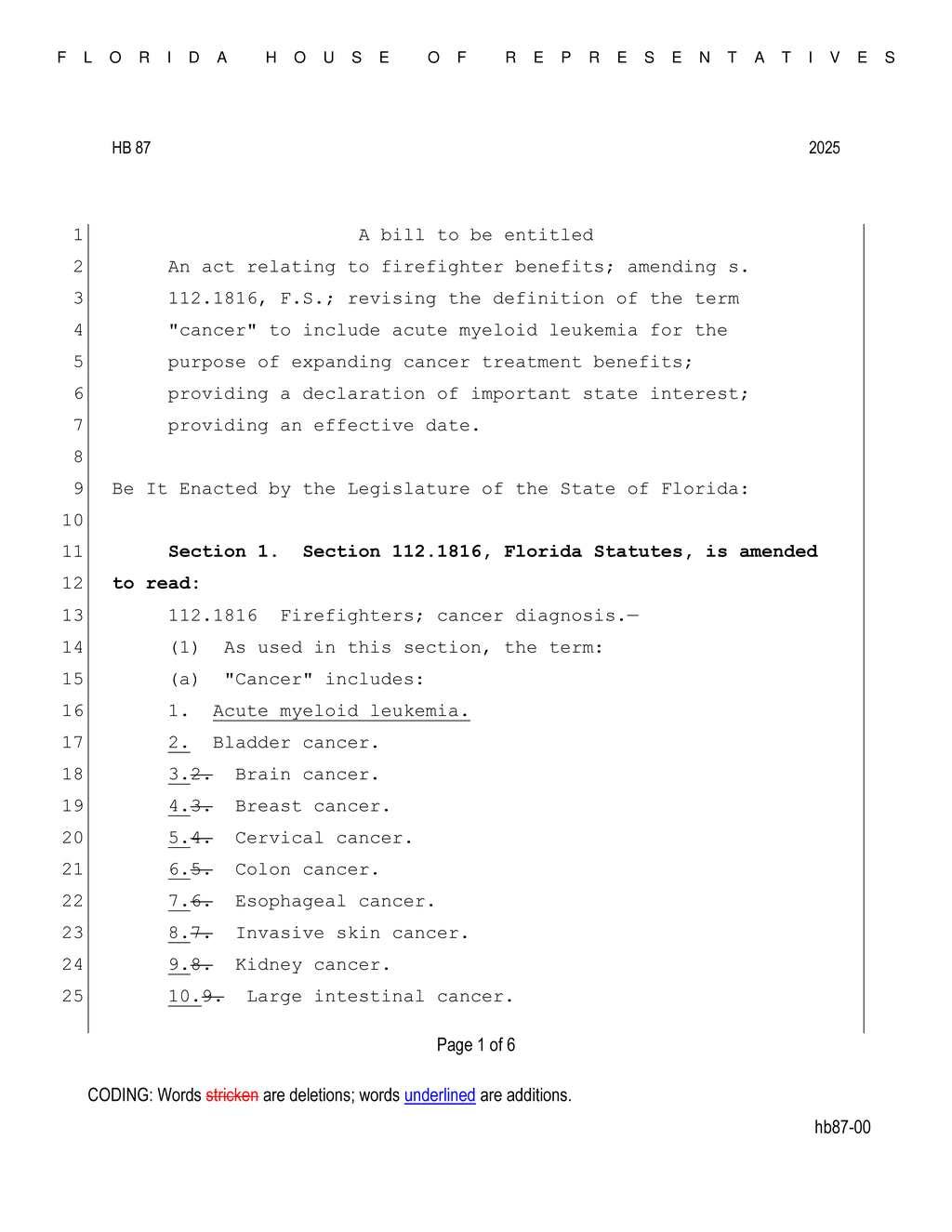 CitizenPortal.ai - Florida House passes HB 87 providing cancer benefits ...