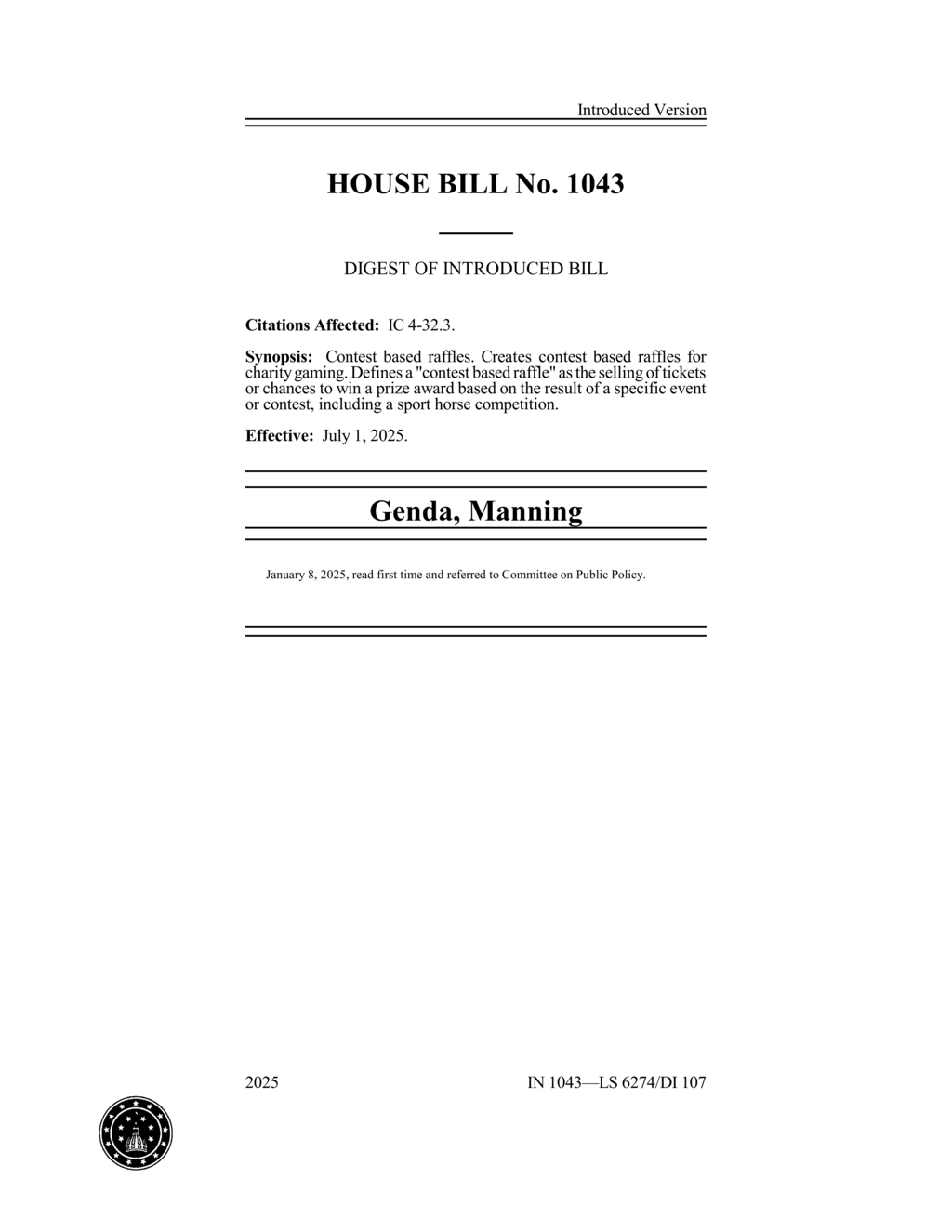 CitizenPortal.ai - House Bill 1043 introduces contest based raffles for ...