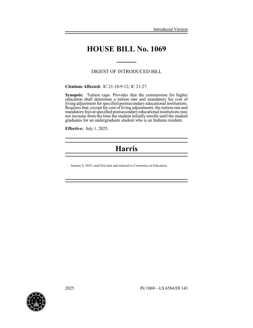CitizenPortal.ai - Indiana House Bill 1069 caps tuition for resident ...
