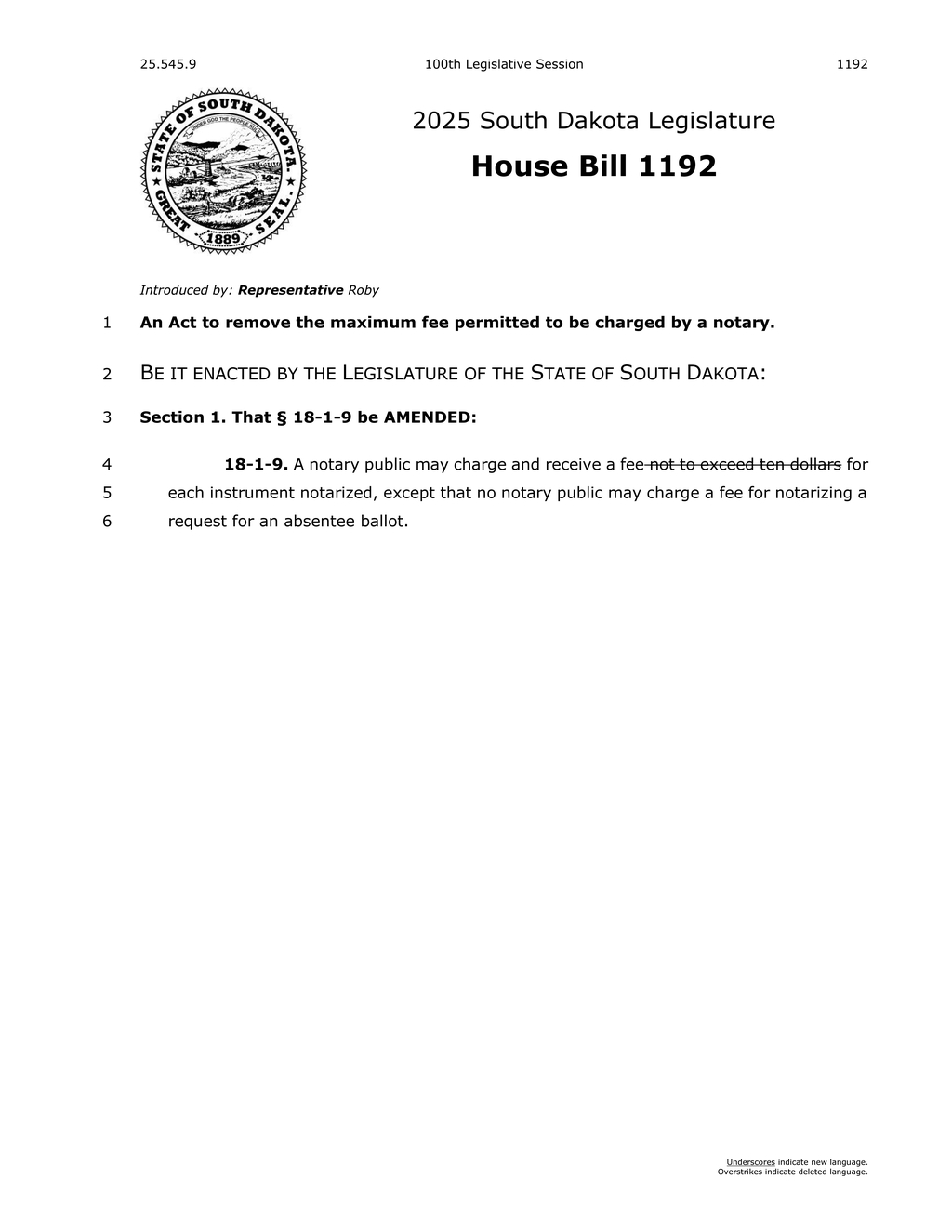 CitizenPortal.ai - South Dakota House Bill 1192 removes notary fee limit