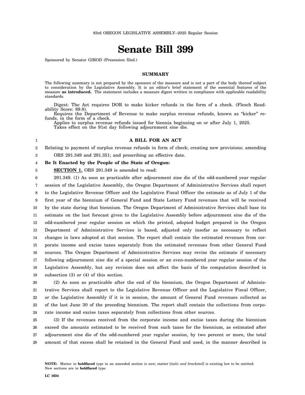 CitizenPortal.ai - Senator Girod introduces bill for check-based kicker ...