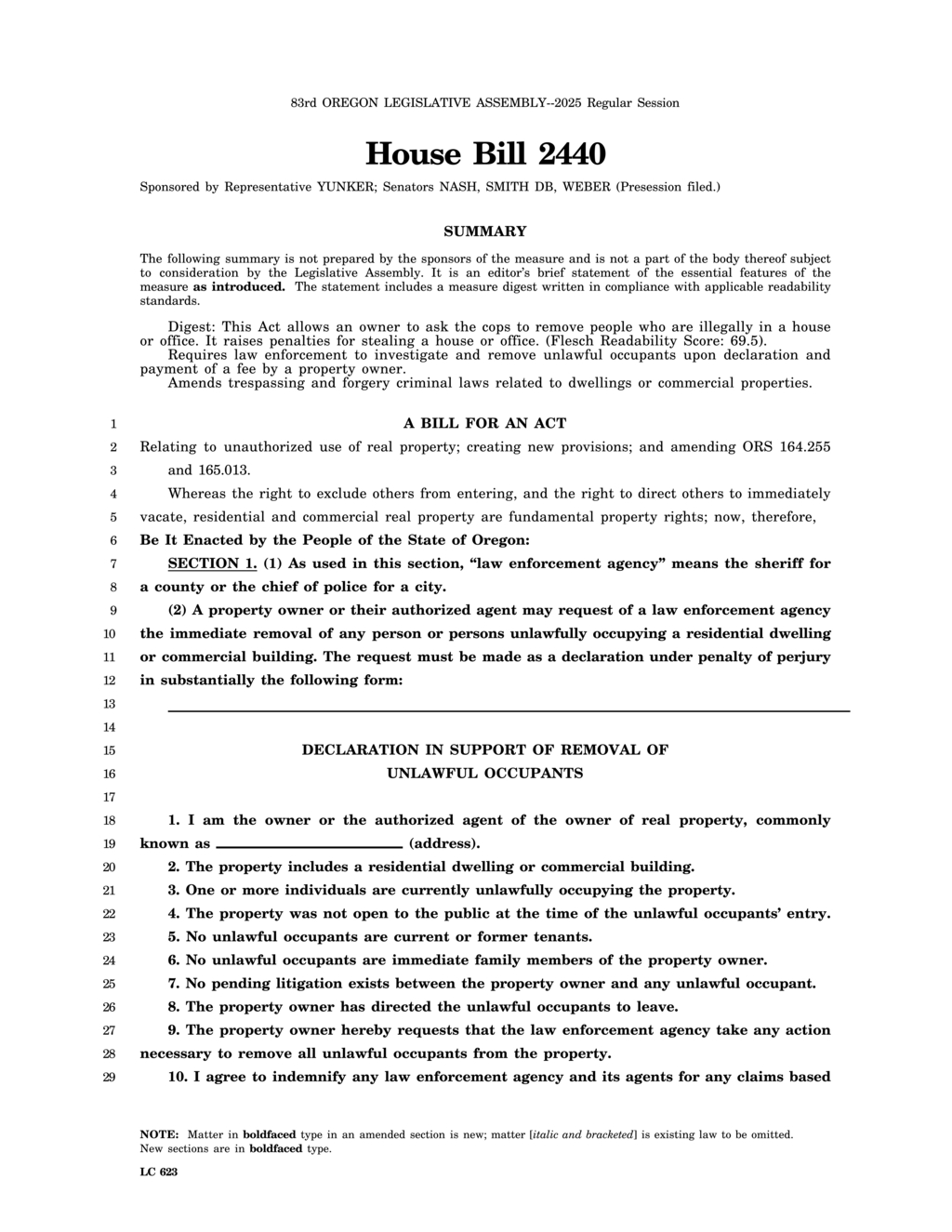 CitizenPortal.ai - Oregon House Bill 2440 empowers property owners to remove unlawful occupants