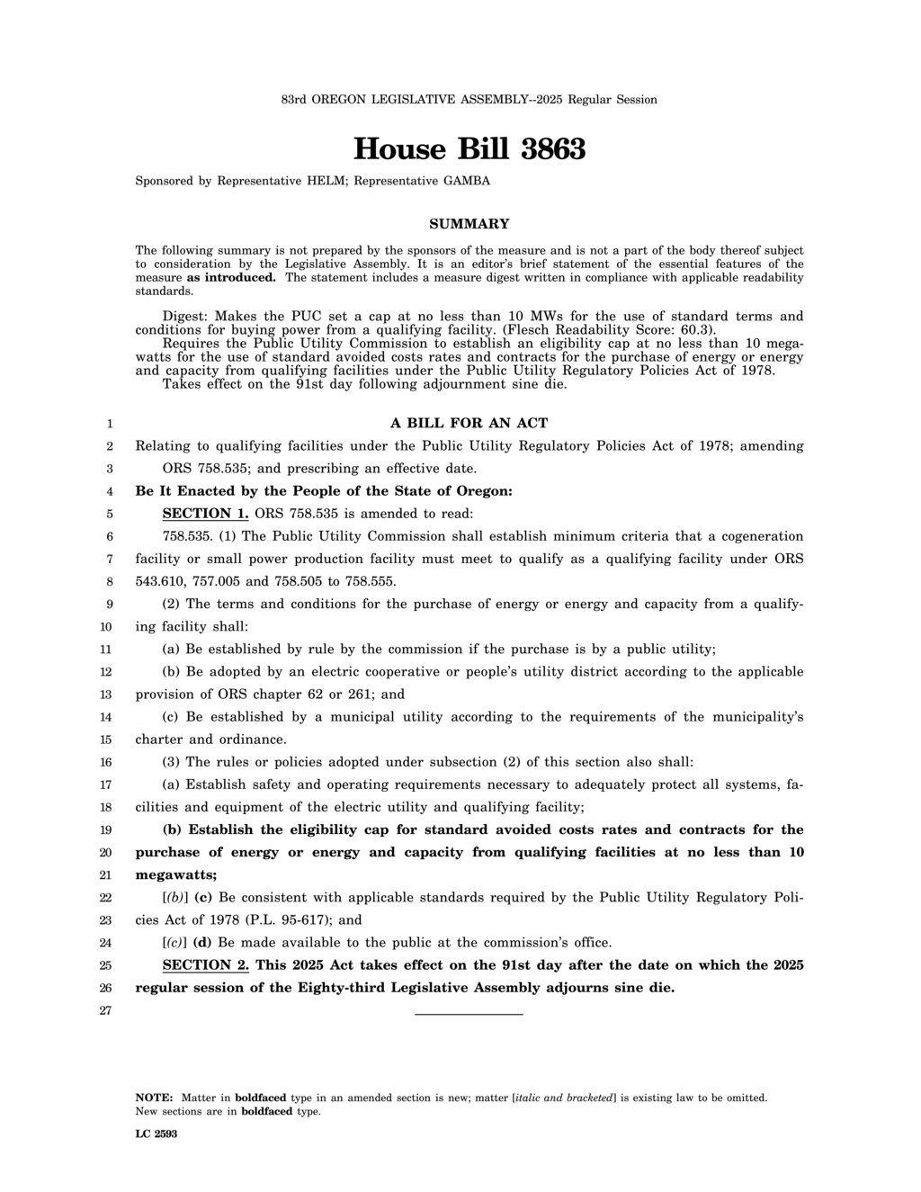 CitizenPortal.ai - Oregon House Bill 3863 sets 10 MW cap for power purchase agreements