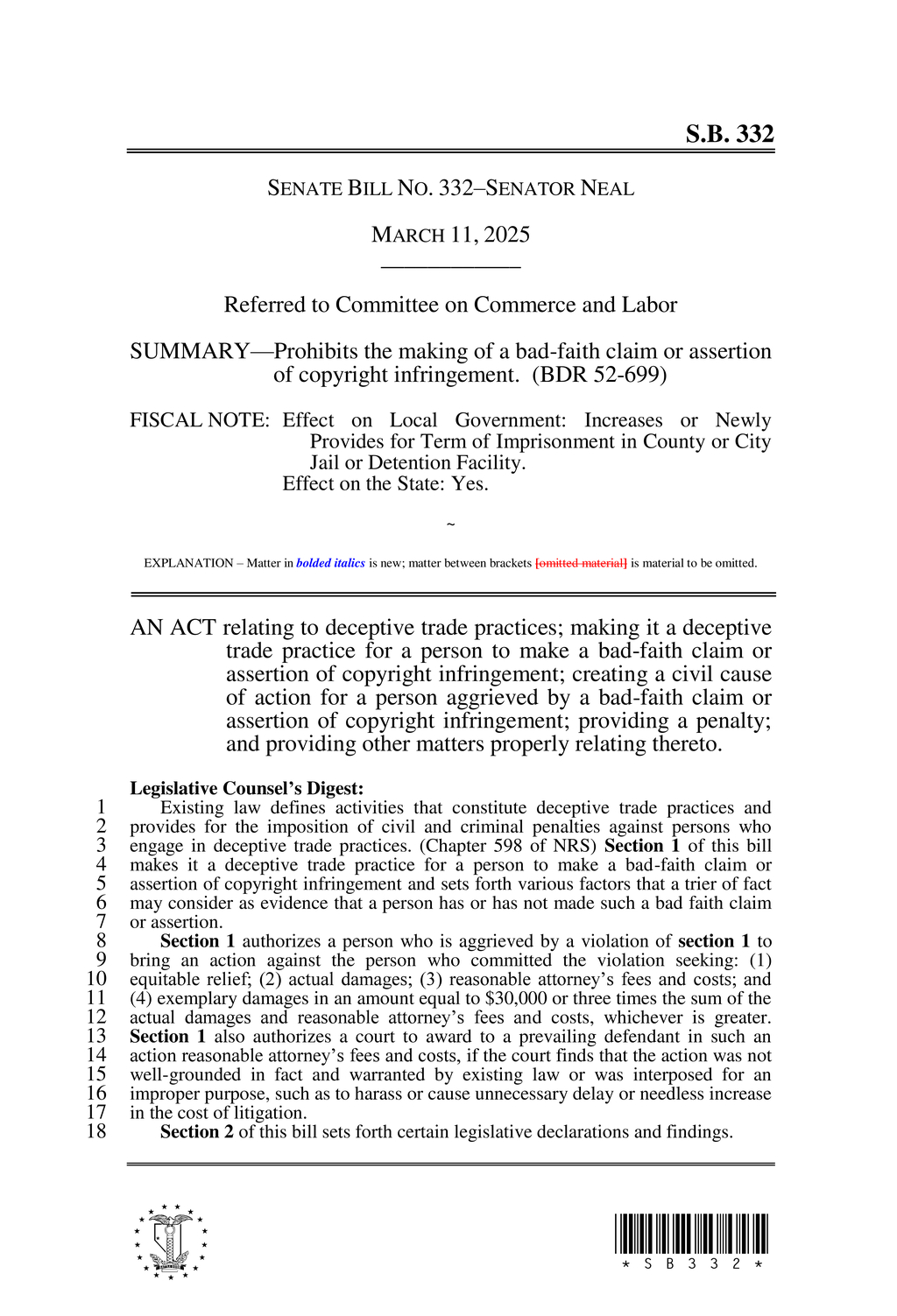 CitizenPortal.ai - Nevada enacts law against bad-faith copyright ...