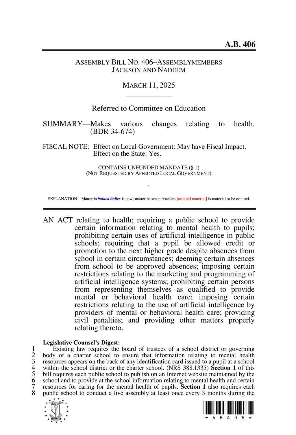 CitizenPortal.ai - Assemblymembers Jackson and Nadeem introduce AB 406 ...