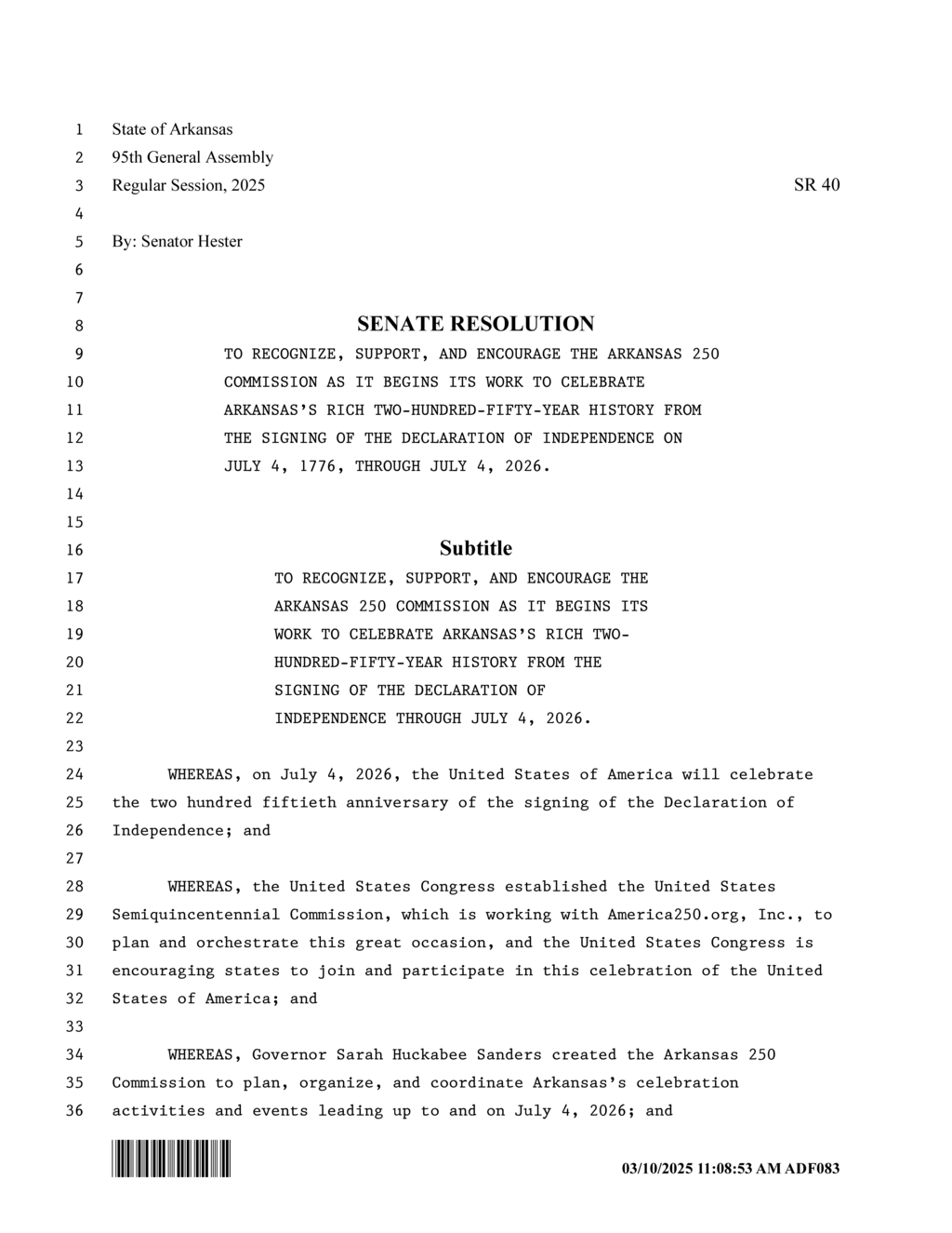 CitizenPortal.ai - Arkansas Senate adopts resolution for 250th ...