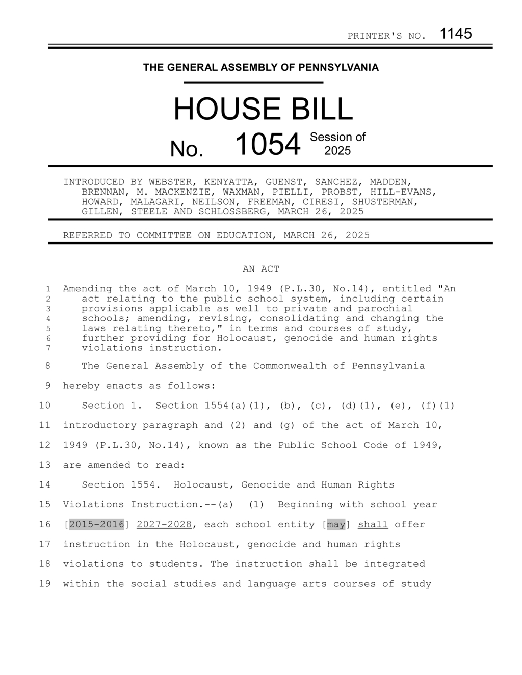 CitizenPortal.ai - Pennsylvania House Bill 1054 mandates Holocaust and ...