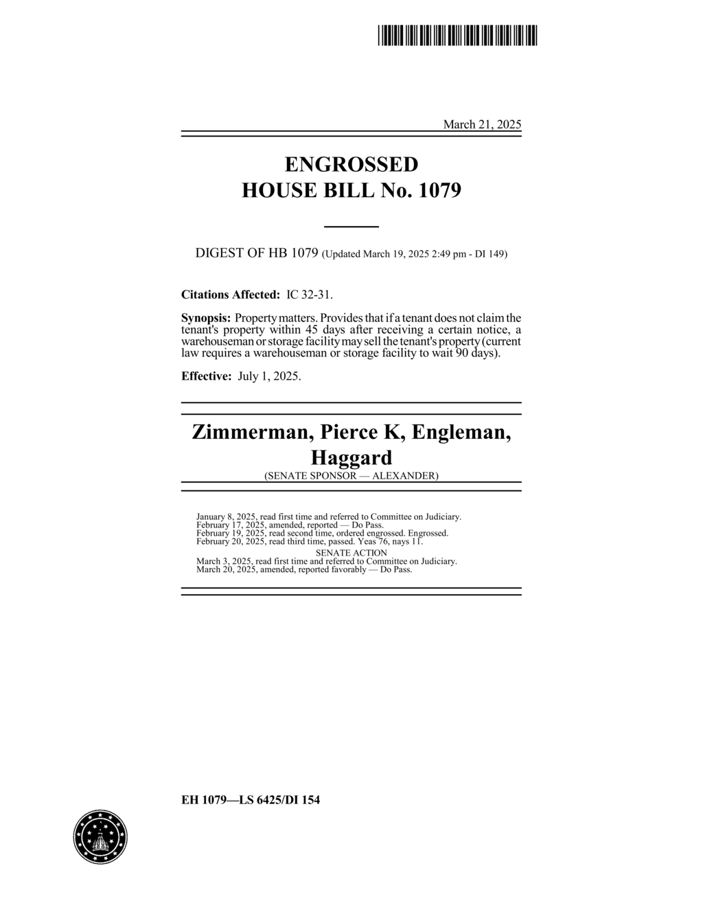 CitizenPortal.ai - Indiana House passes HB 1079 to expedite tenant ...