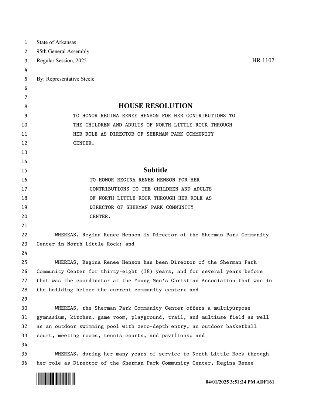 CitizenPortal.ai - Arkansas House honors Regina Renee Henson for ...