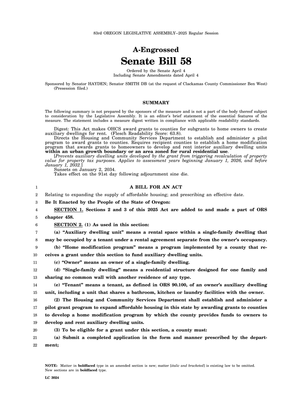 CitizenPortal.ai - Oregon Senate Bill 58 initiates grants for auxiliary ...