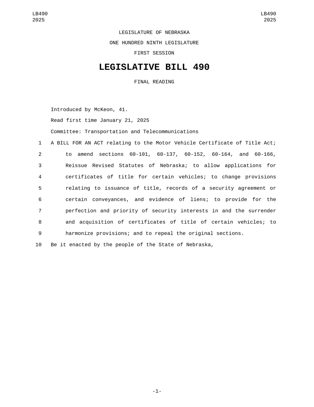 CitizenPortal.ai - Nebraska department implements electronic vehicle title and lien system