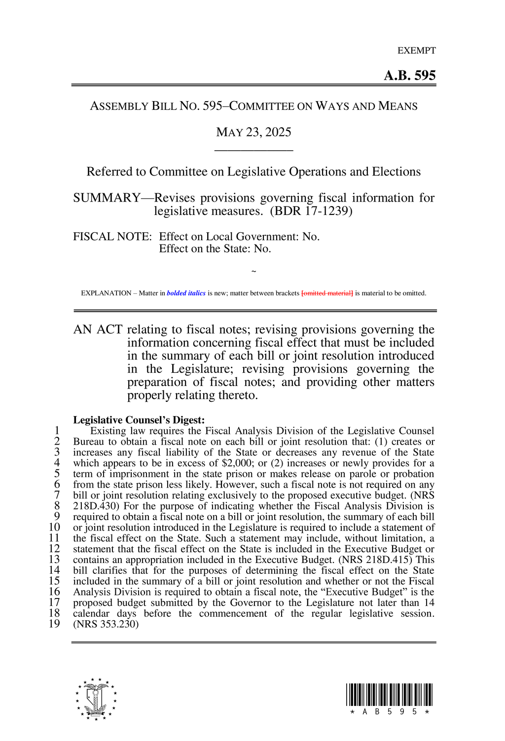 CitizenPortal.ai - Nevada Assembly Bill 595 amends fiscal note ...