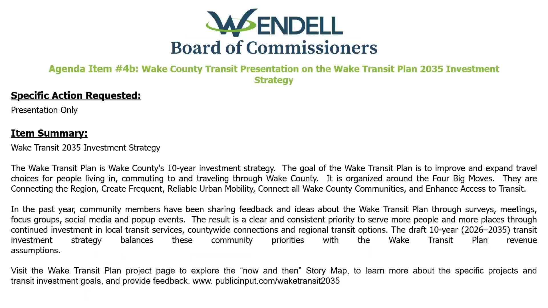 Wake Transit 2035 draft investment strategy presented to Wendell board ...